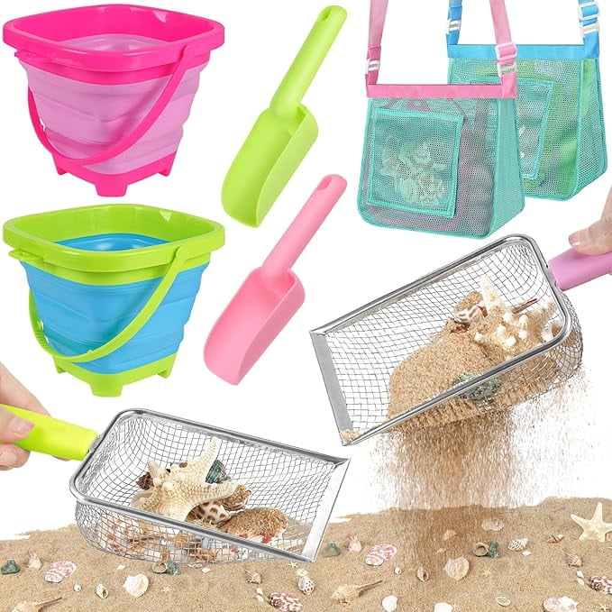 Beach Toys Sand Toys with 2 Collapsible Buckets Mesh Shovels Sand ...