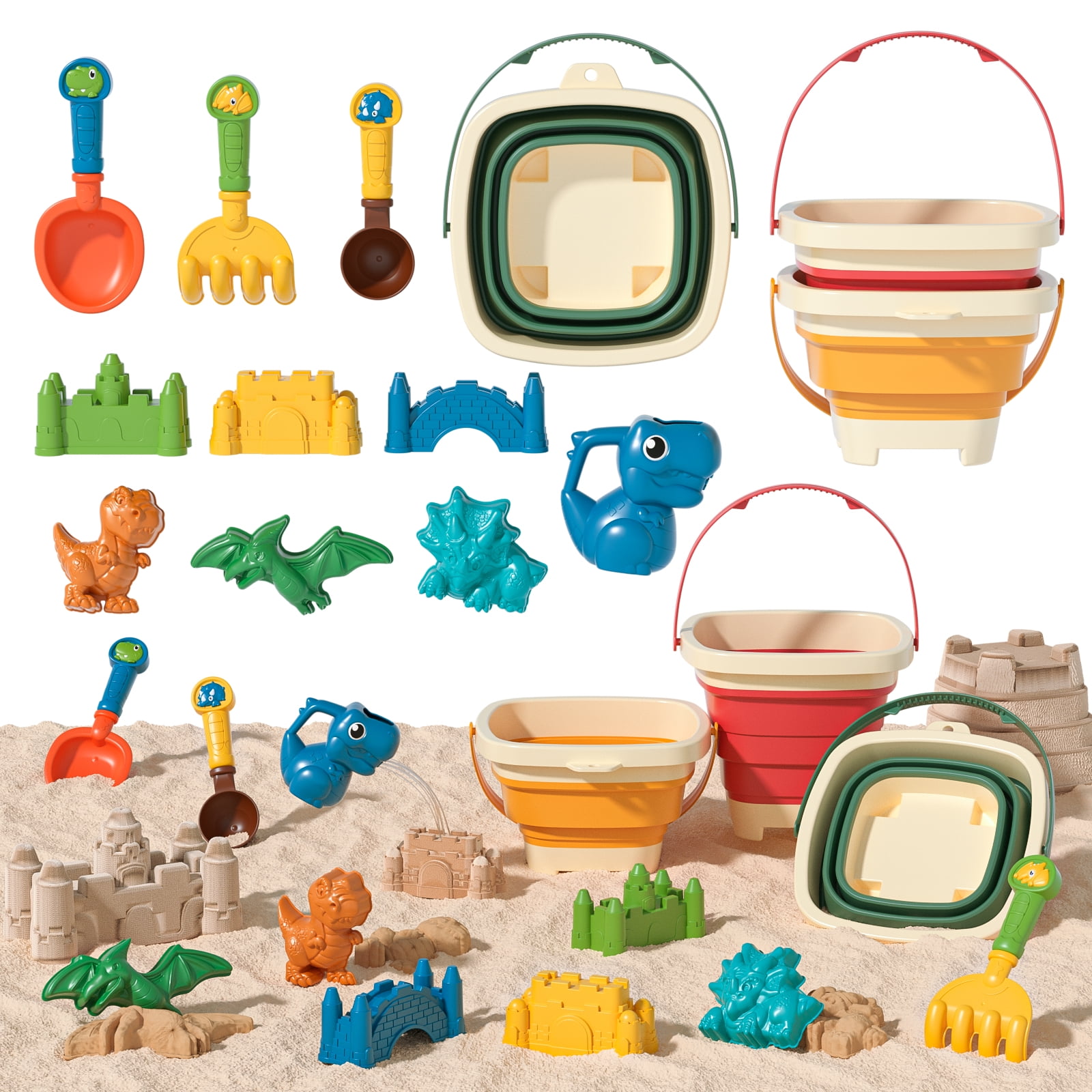 Beach Toys Set for Kids, with 3 Pack Collapsible Sand Bucket Shovels ...