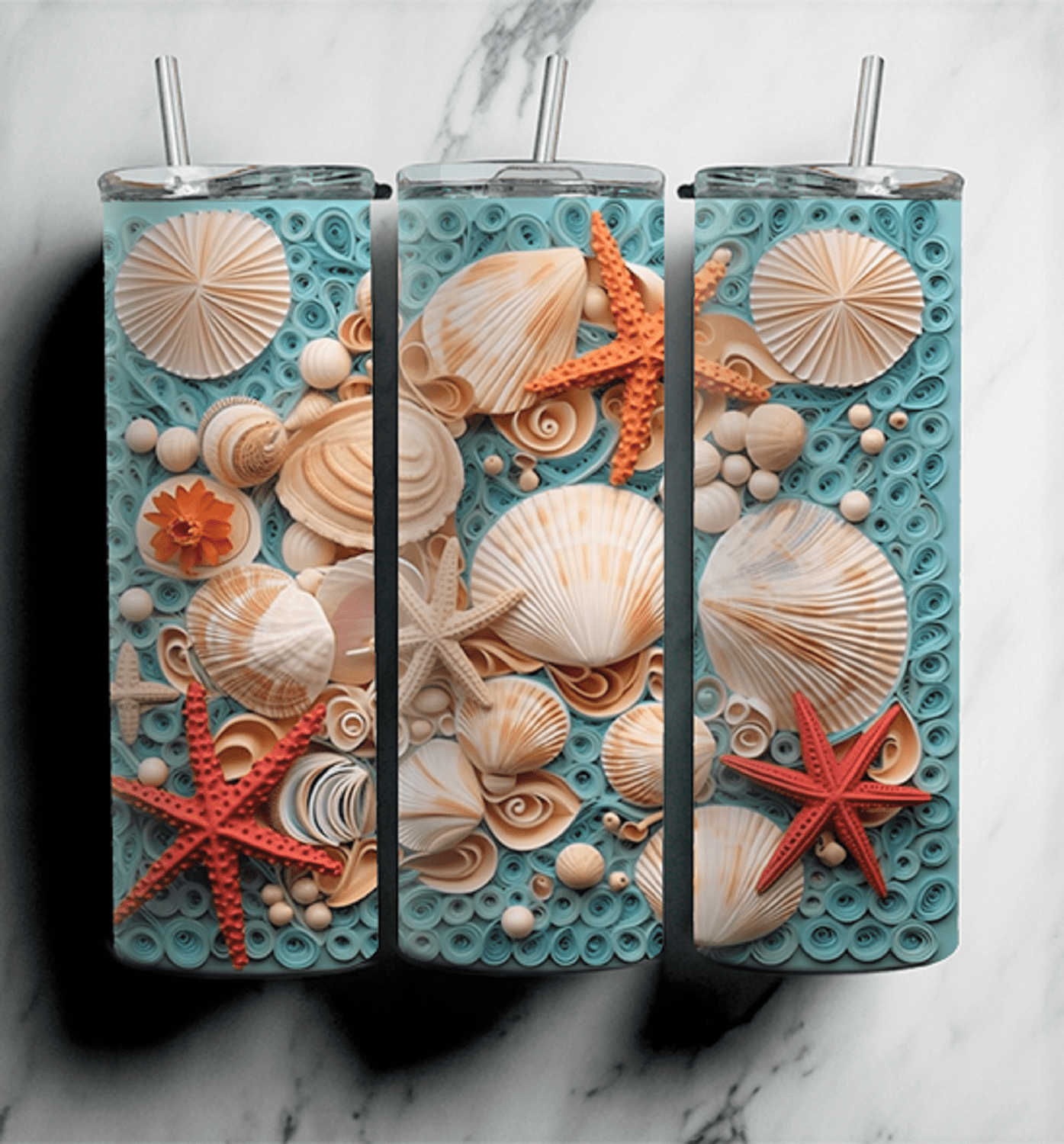Beach Treasures Seashells and Starfish 20 Oz Skinny Metal Tumbler w/Lid ...