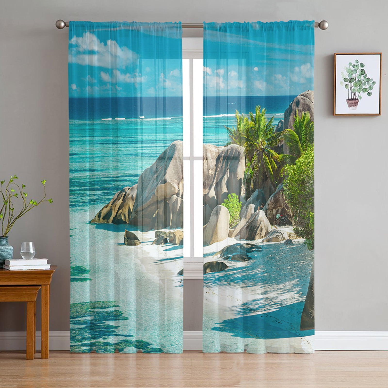 Beach Tree Sts Hill Sand Sky Bedroom Transparent Sheer Curtains Holiday ...