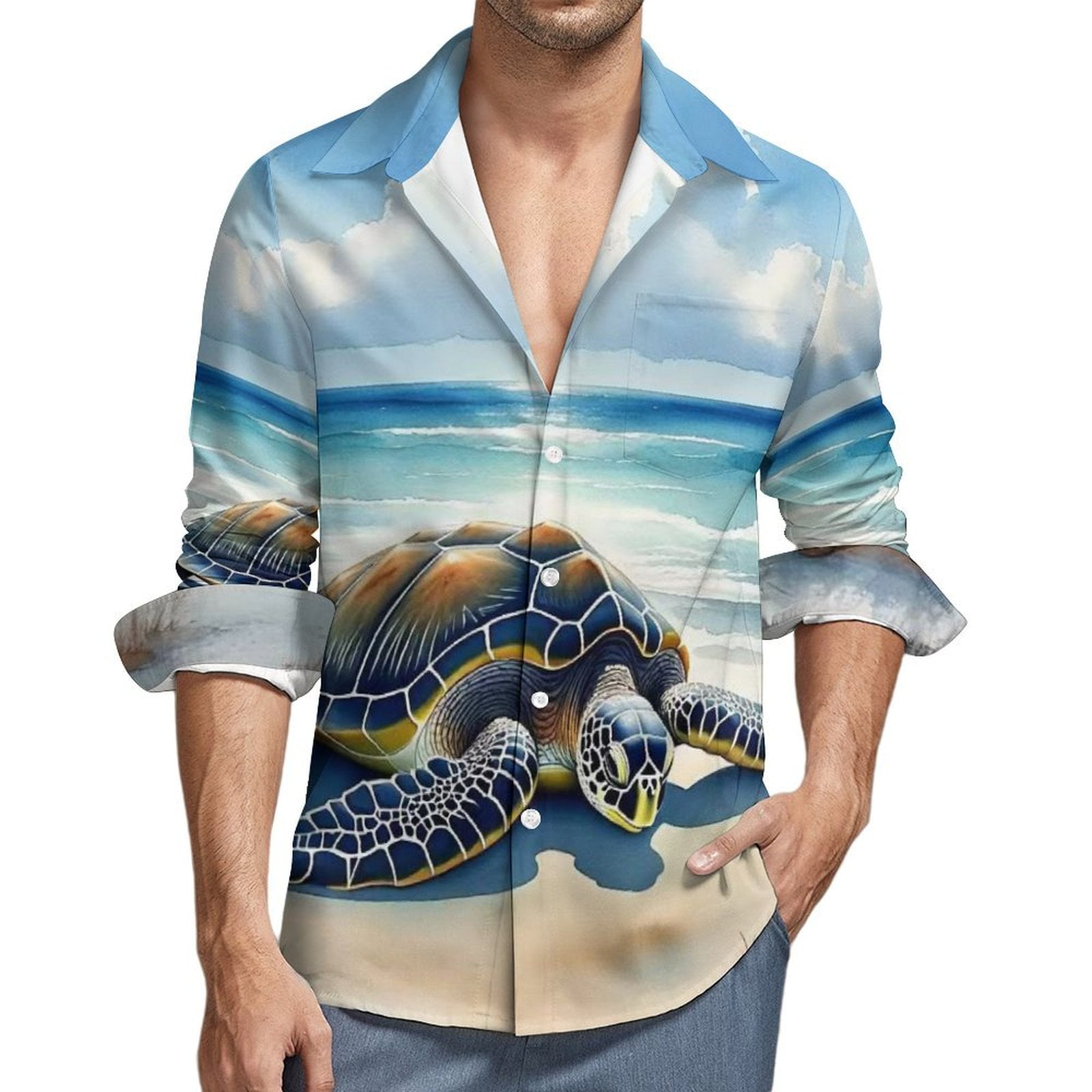 Beach Turtle Hawaiian Shirt for Men Long Sleeve Button Down Beach ...