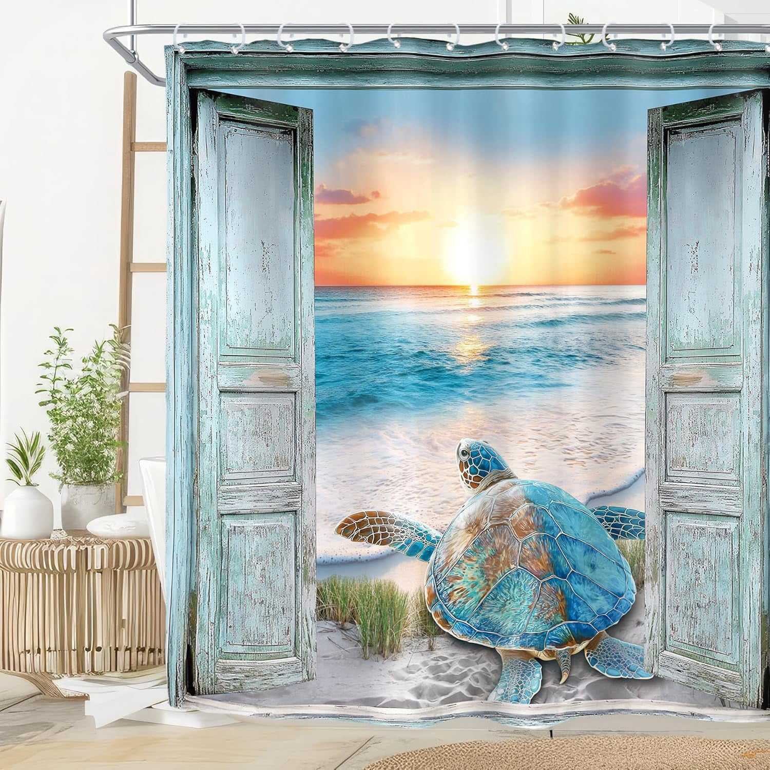 Beach Turtle Shower Curtain for Bathroom Decor 72Wx72H Teal Barn Door ...