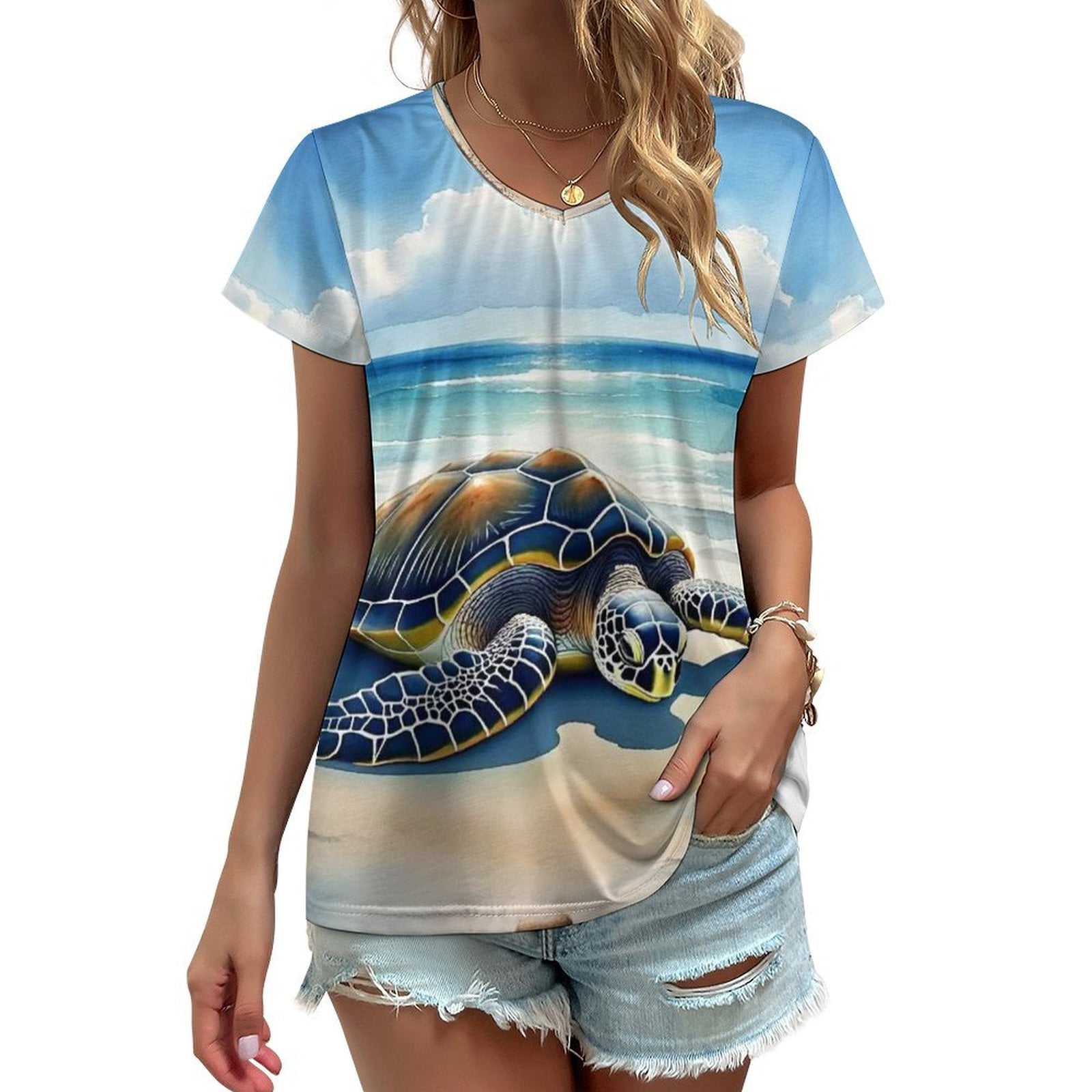 Beach Turtle Women's Blouse Short Sleeve Women's Top T-Shirt Spring ...