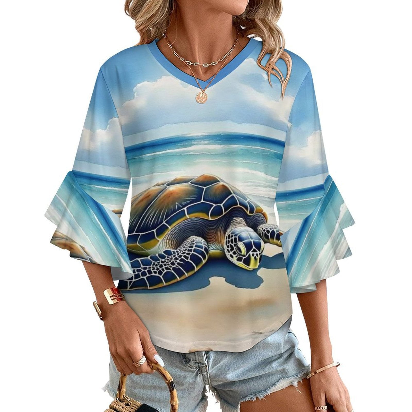 Beach Turtle Women's V-Neck Blouse With 3/4 Ruffled Bell Sleeves Casual ...