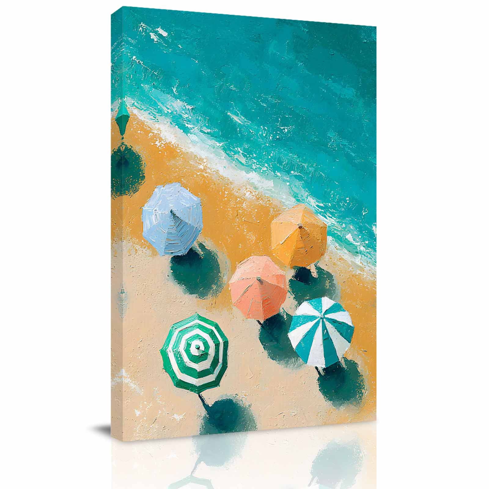 Beach Umbrella Canvas Wall Art for Living Room, Oil Painted Coastal ...