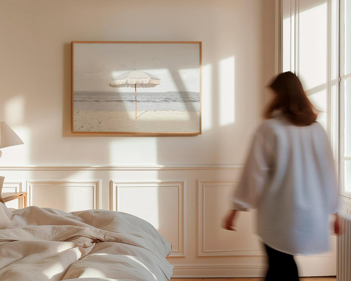 Beach Umbrella Printable Art Neutral Beach Print, Large Horizontal ...