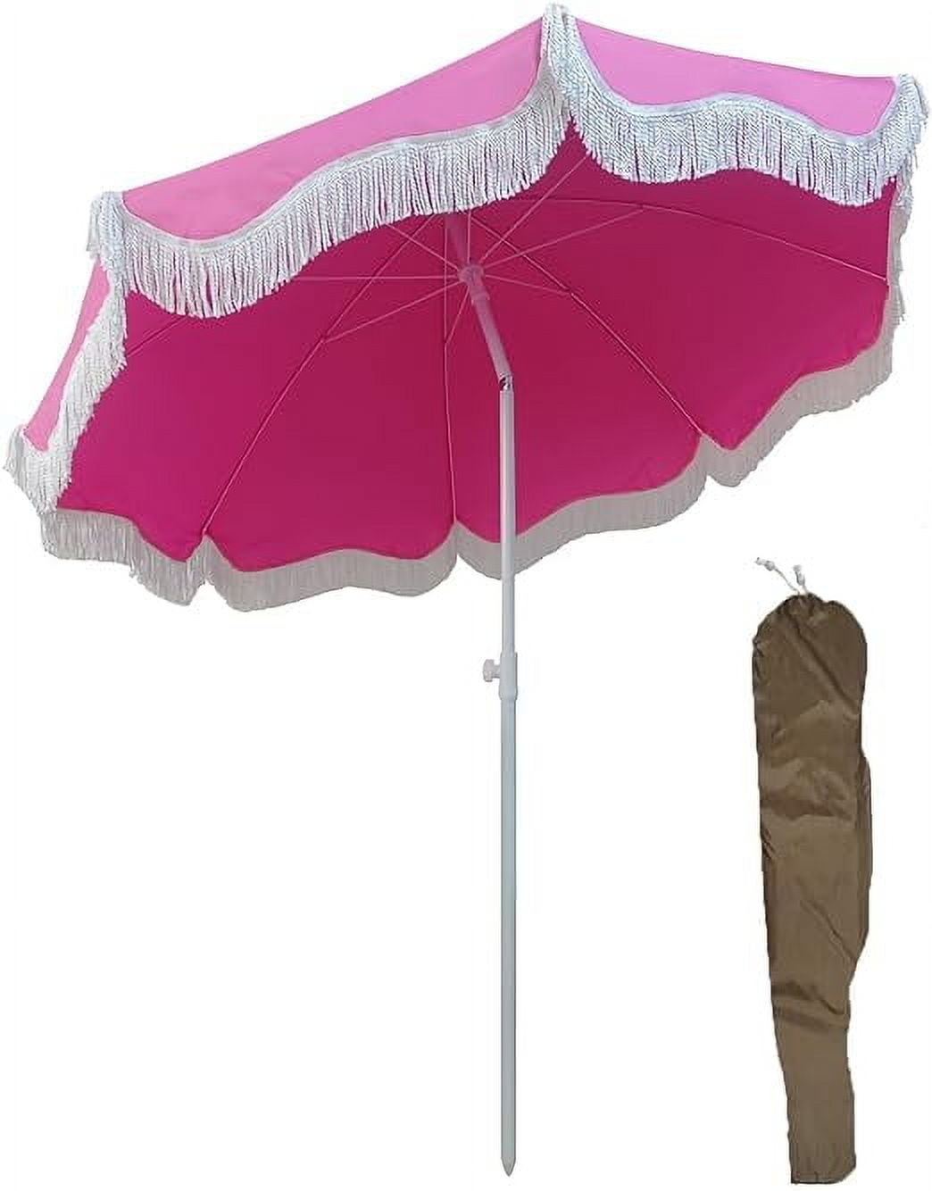 Beach Umbrella with Fringe 6ft Pink Boho Patio Umbrella UV50+ Sun ...