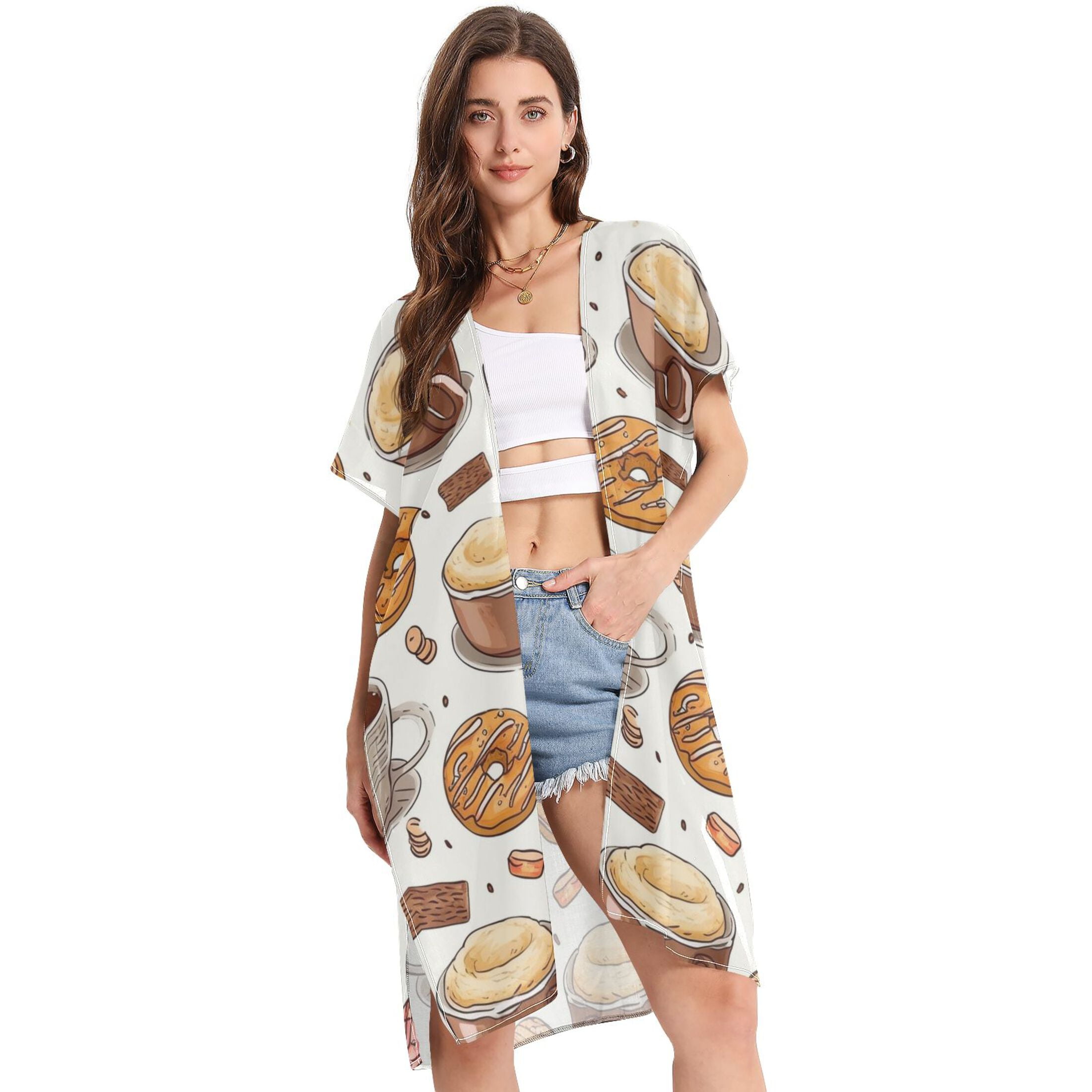 Beach Vacation Clothes Kimono Cardigan Loose Swimsuit Cover Up for Women Macaron Donuts with ...