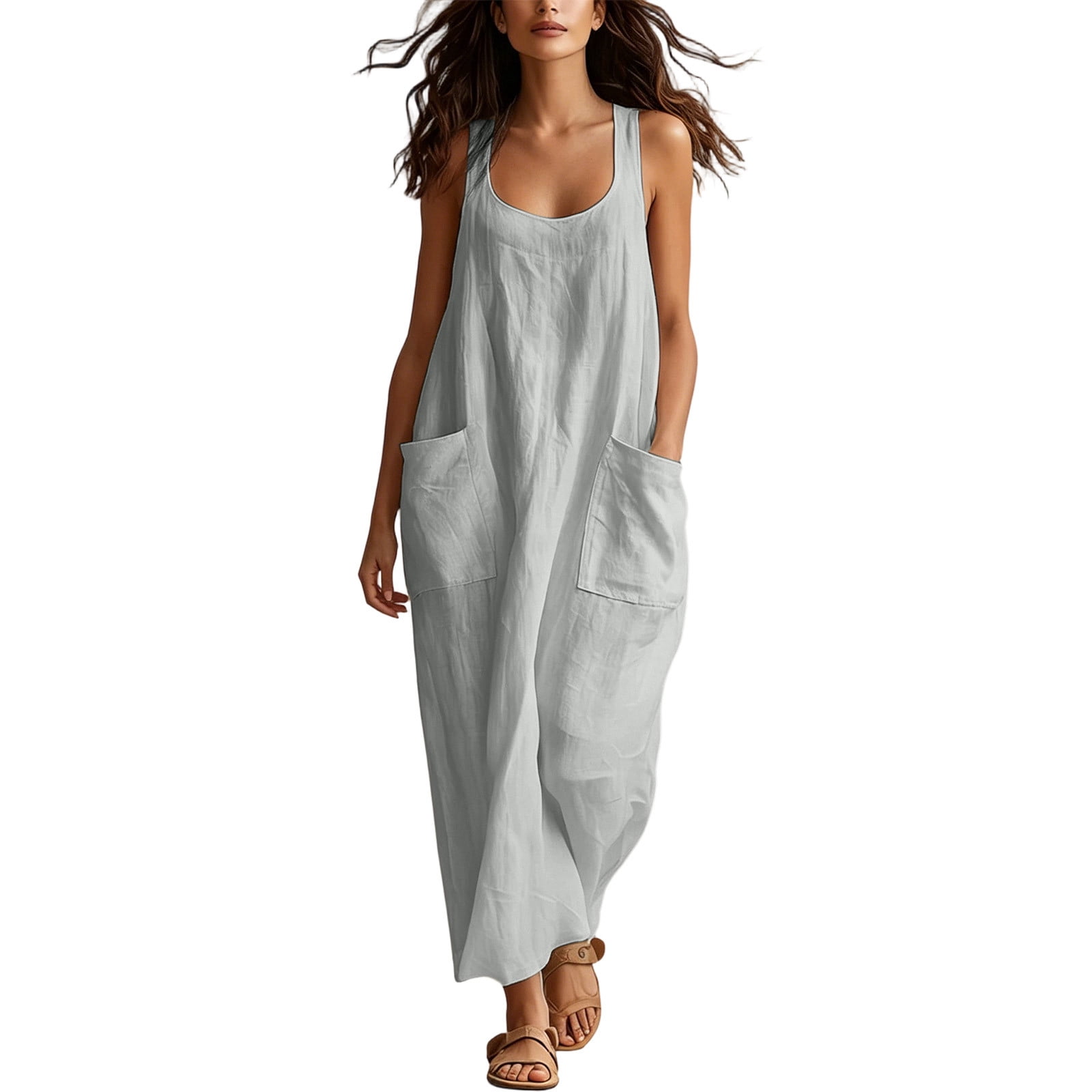 Beach Vacation Dress for Women Boho Linen Sleeveless Flowy Maxi Dress ...