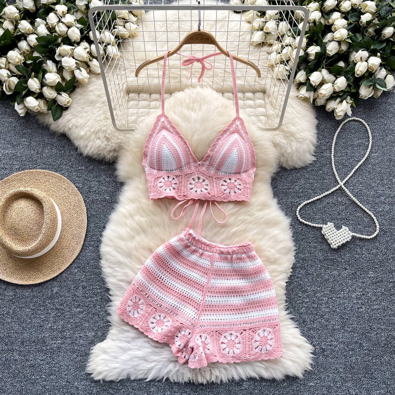 Beach Vacation Knit 2pcs Suits Women Halter Sleeveless Lace Up Camis ...