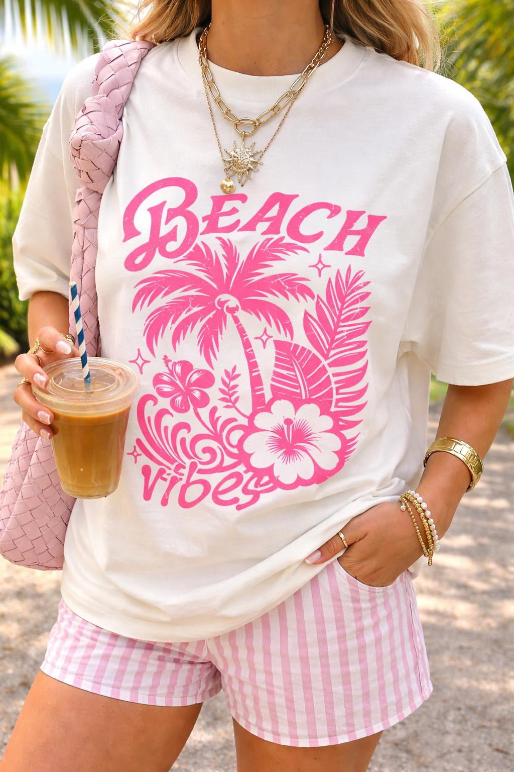 Beach Vibes T-Shirt, Summer Graphic Tee, Pink Aesthetic Shirt, Tropical ...