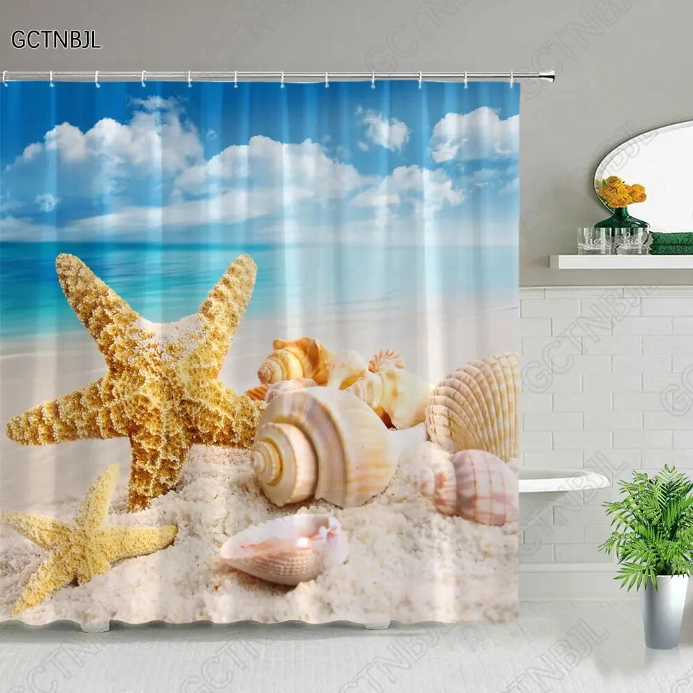 Beach View Bathroom Shower Curtain Blue Ocean Sunset Beach Wind & Light ...