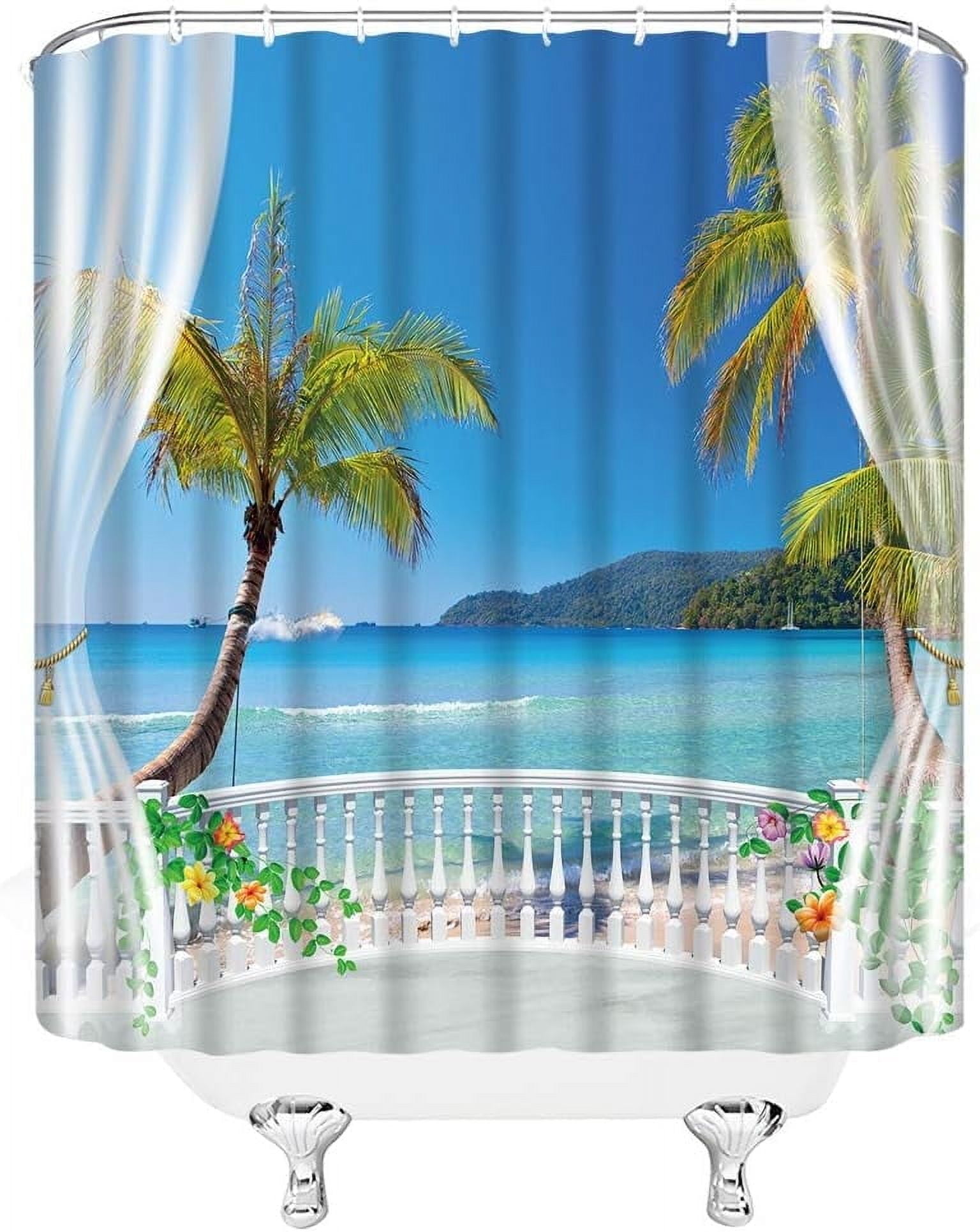 Beach View Shower Curtain Beach Scene Palm Tree Wooden Windows Tropical ...