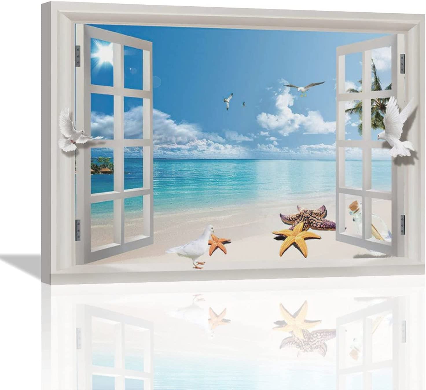 3D Beach Wall Art, Starfish Blue Sea Painting, Palm Tree Decor, Framed ...
