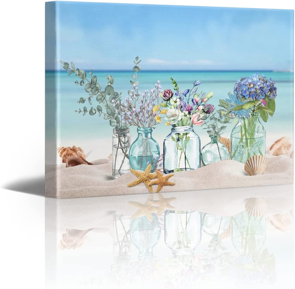 humcustom Beach Wall Art Flower Bottle Canvas Wall Decor Modern Aqua ...