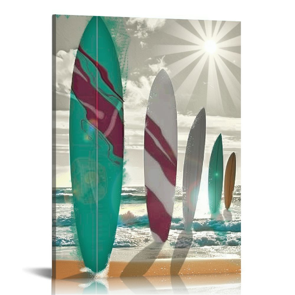 Beach Wall Art Set, Palm Tree Surfboard Seascape Wall Decor, Ocean ...
