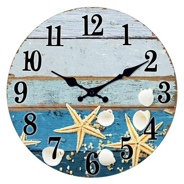 Beach Wall Clock Silent Non-Ticking - Analog Wood Wall Clocks Battery ...