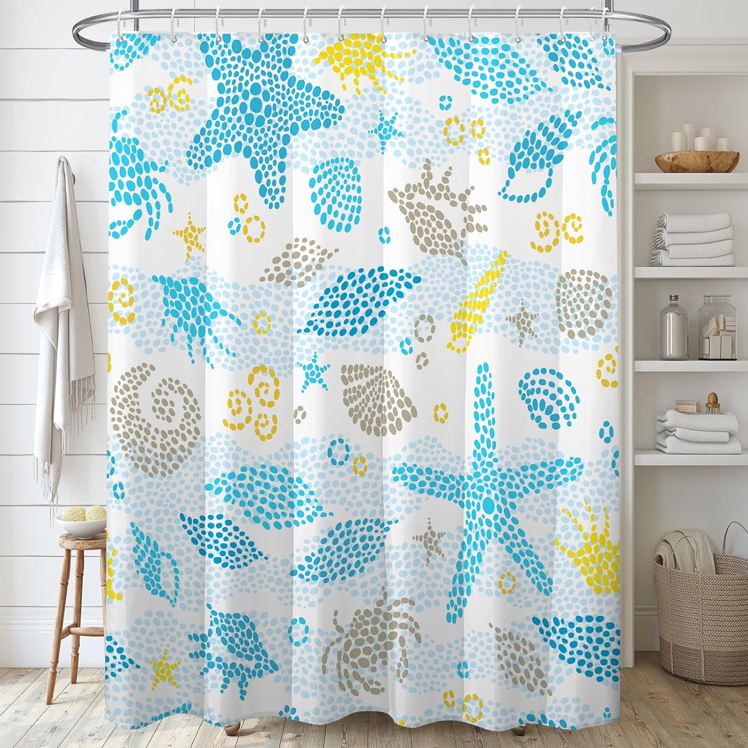 Beach Waterproof Fabric Shower Curtain,Blue and Yellow Starfish ...