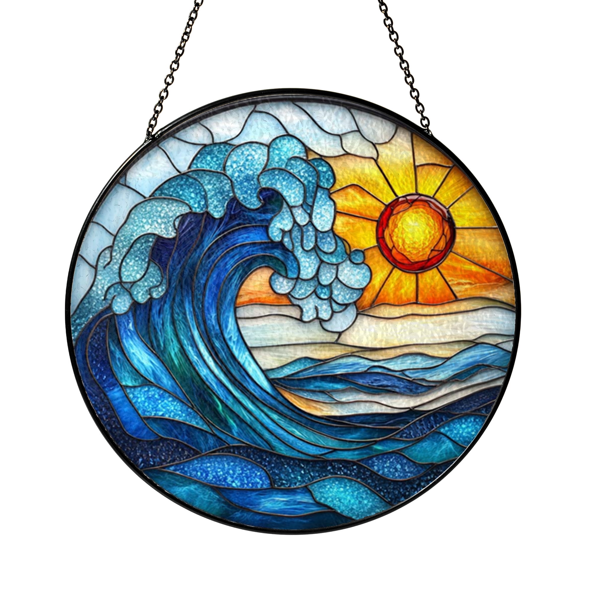 Beach Wave Coastal Stained Glass Style Window Hanging, Decorative ...