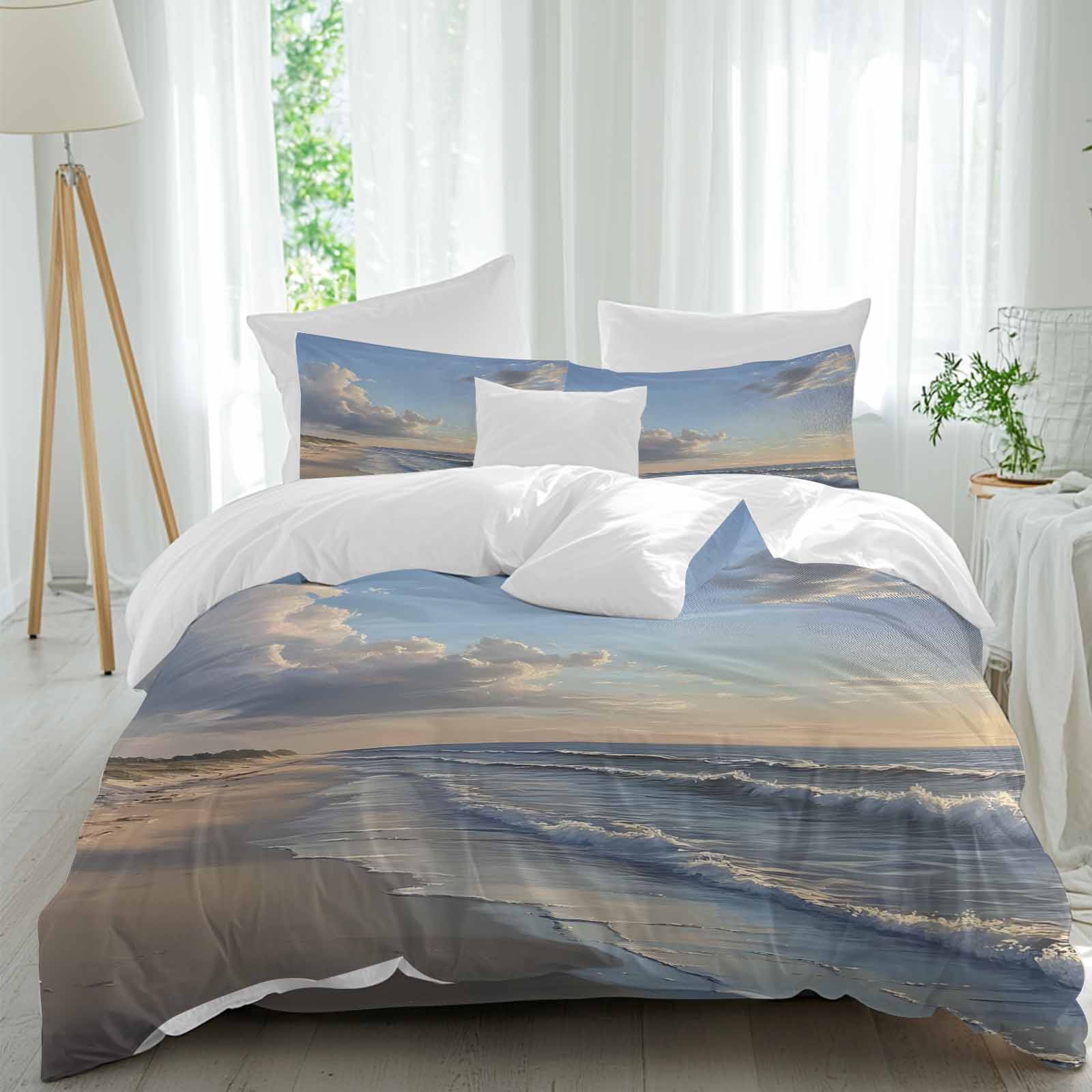 Beach Wave Duvet Cover Set Twin Size Watercolor Blue Sky Ocean Modern ...