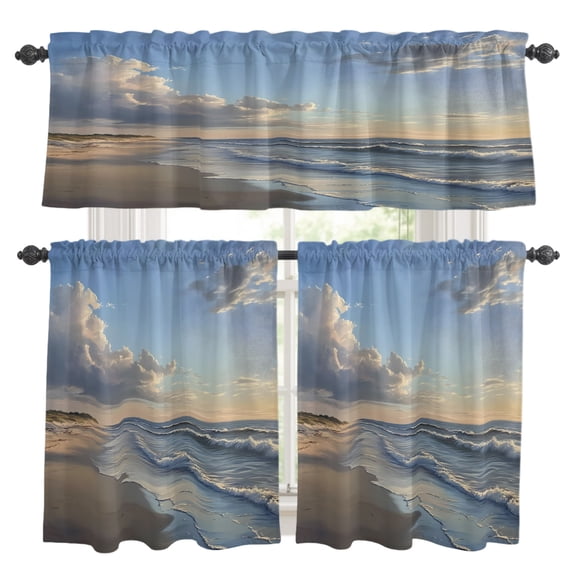 Beach Wave Kitchen Curtains Set for Windows, Watercolor Blue Sky Ocean ...