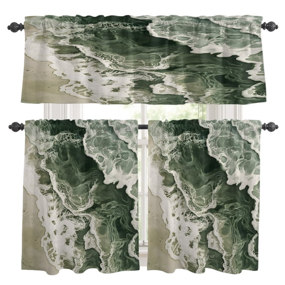Beach Wave Kitchen Curtains Set for Windows, Watercolor Green Ocean ...