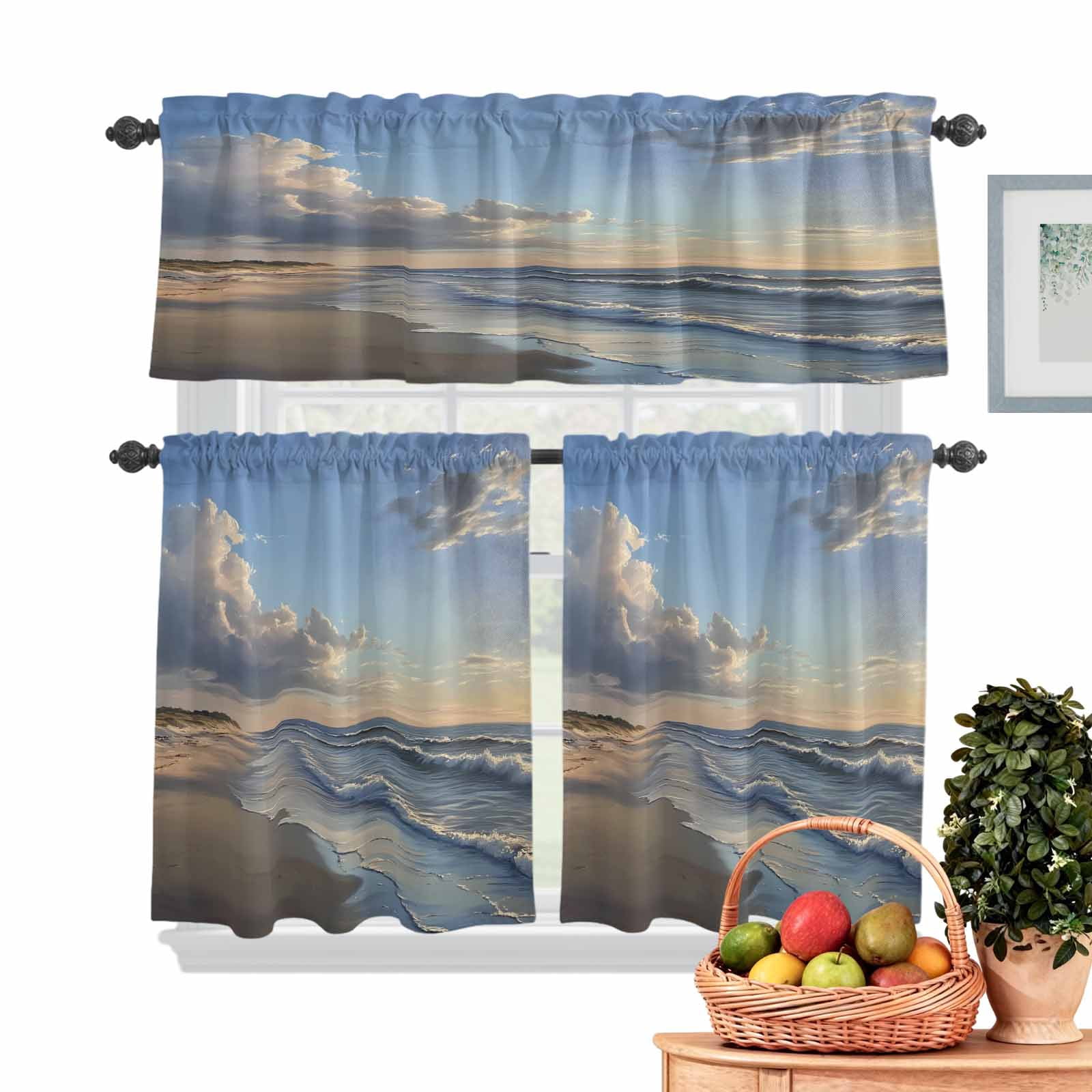 Beach Wave Kitchen Curtains Valances 3 Piece Set, Watercolor Blue Sky ...