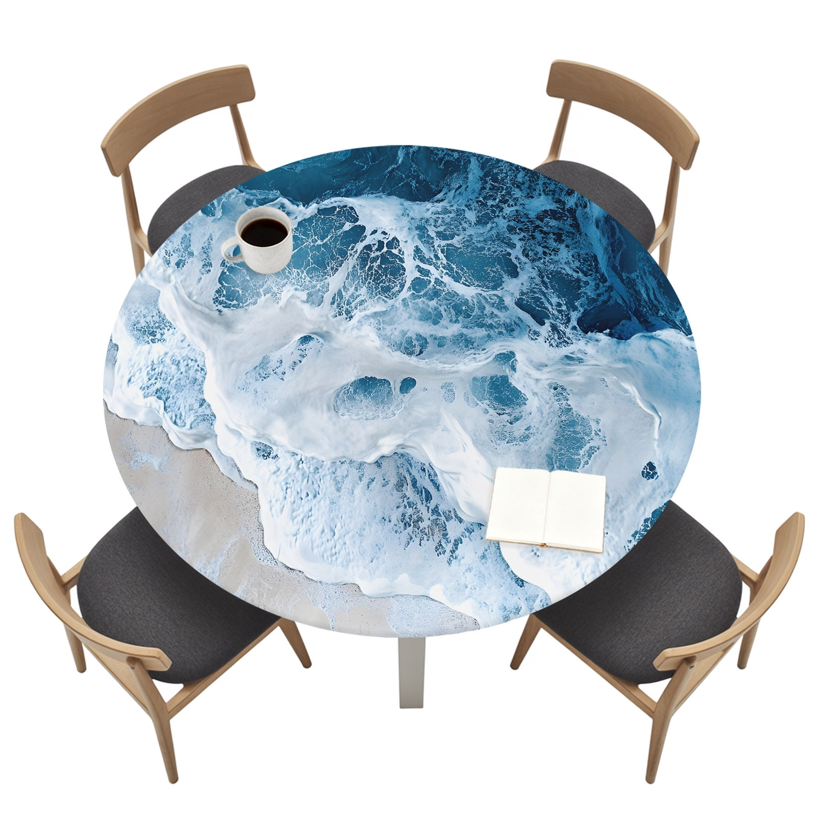 Beach Wave Modern Art Round Fitted Tablecloth Watercolor Blue Ocean ...