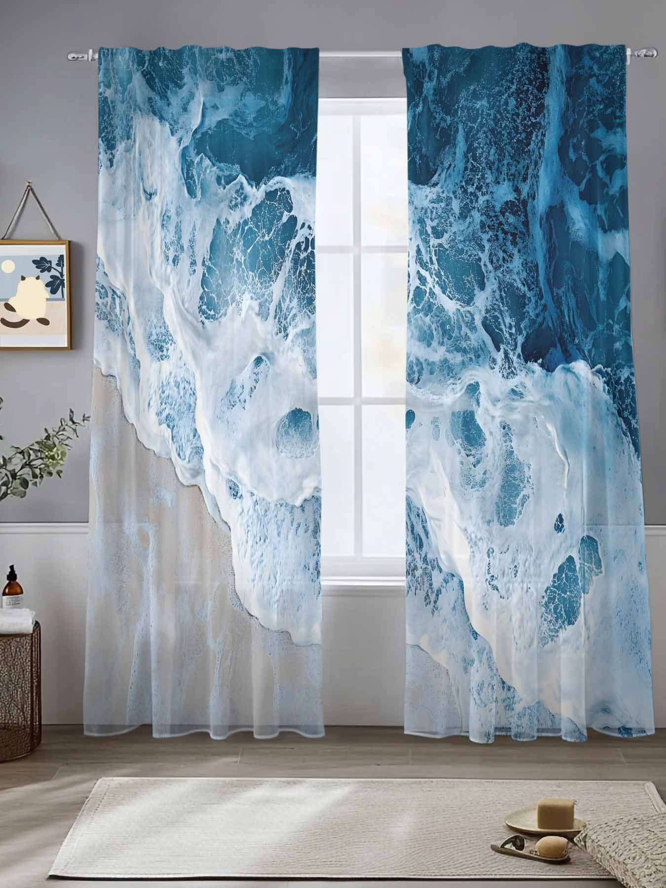 Beach Wave Modern Art Sheer Curtains 96 Inches Long 2 Panels Watercolor ...