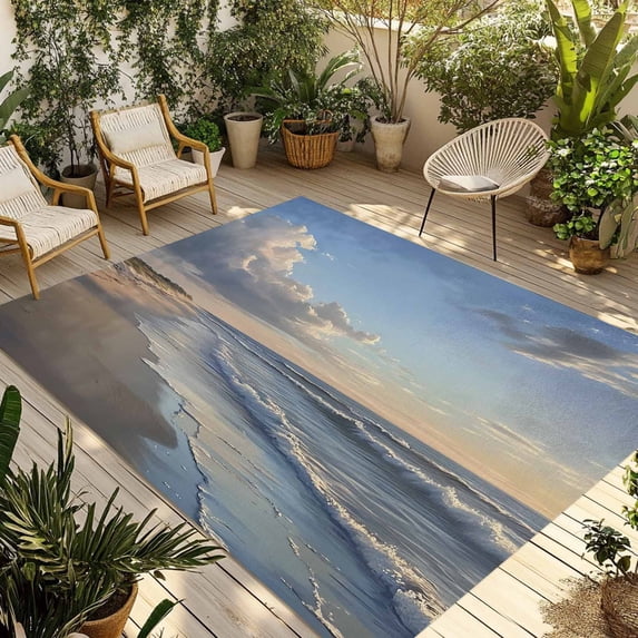 Beach Wave Outdoor Rug, Watercolor Blue Sky Ocean Modern Art Non-Slip ...