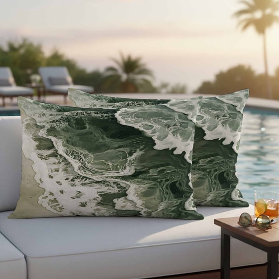 Beach Wave Outdoor Throw Pillow Covers Set of 2, Watercolor Green Ocean ...