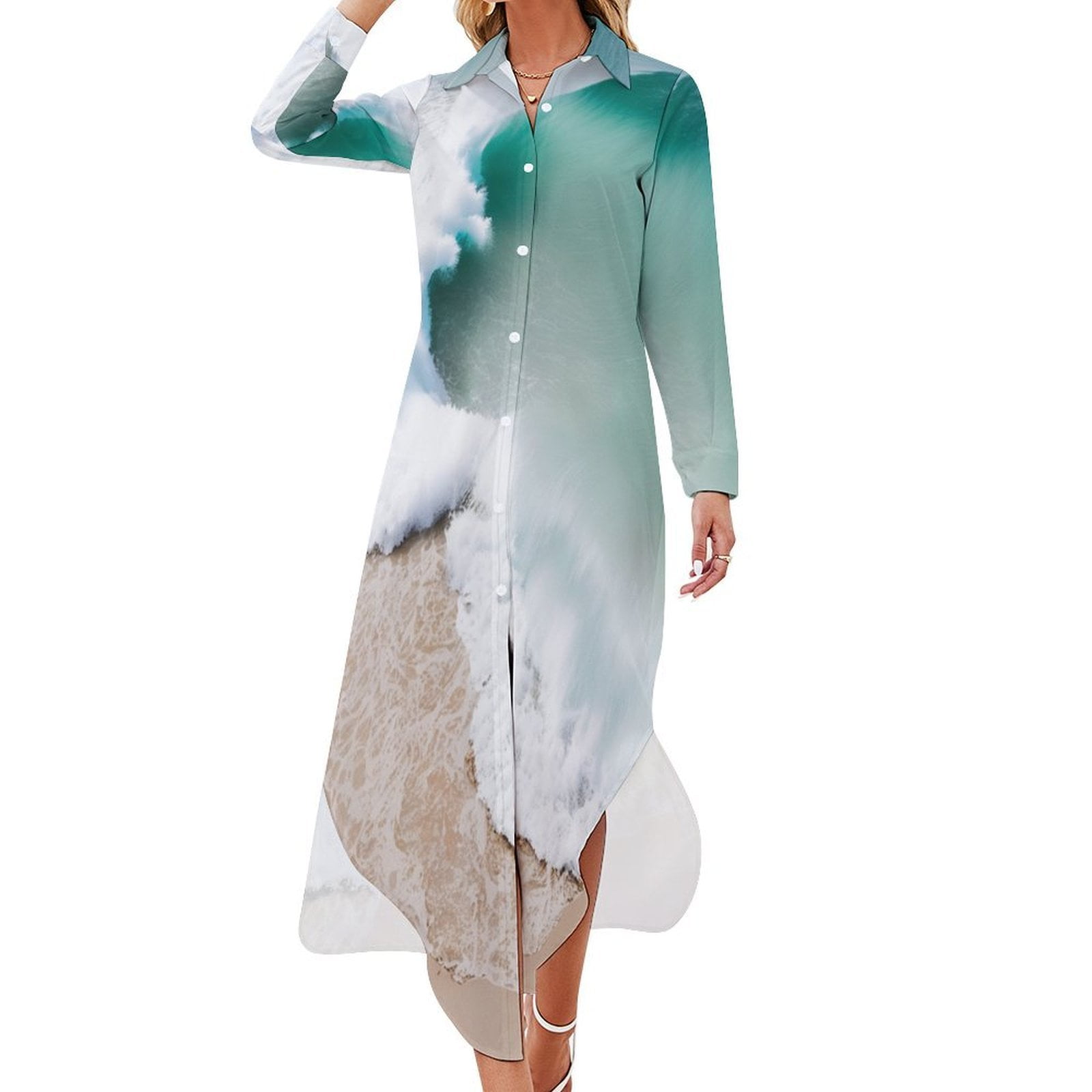 Beach Wave Print Shirt Dress Long Sleeve Street Fashion V Neck ...