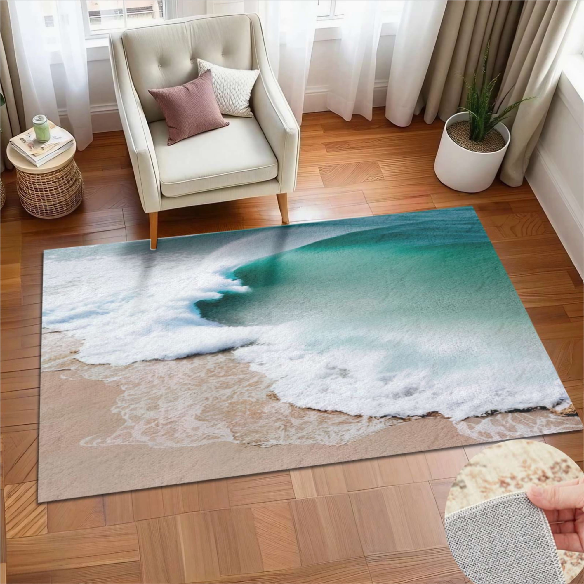 Beach Wave Print Soft Large Area Rugs Washable Rug With Non-Slip ...