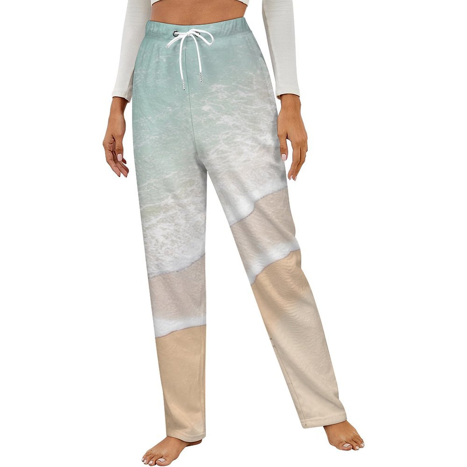 Beach Wave Sand Print Winter Female Pants Flannel High Waist Women ...
