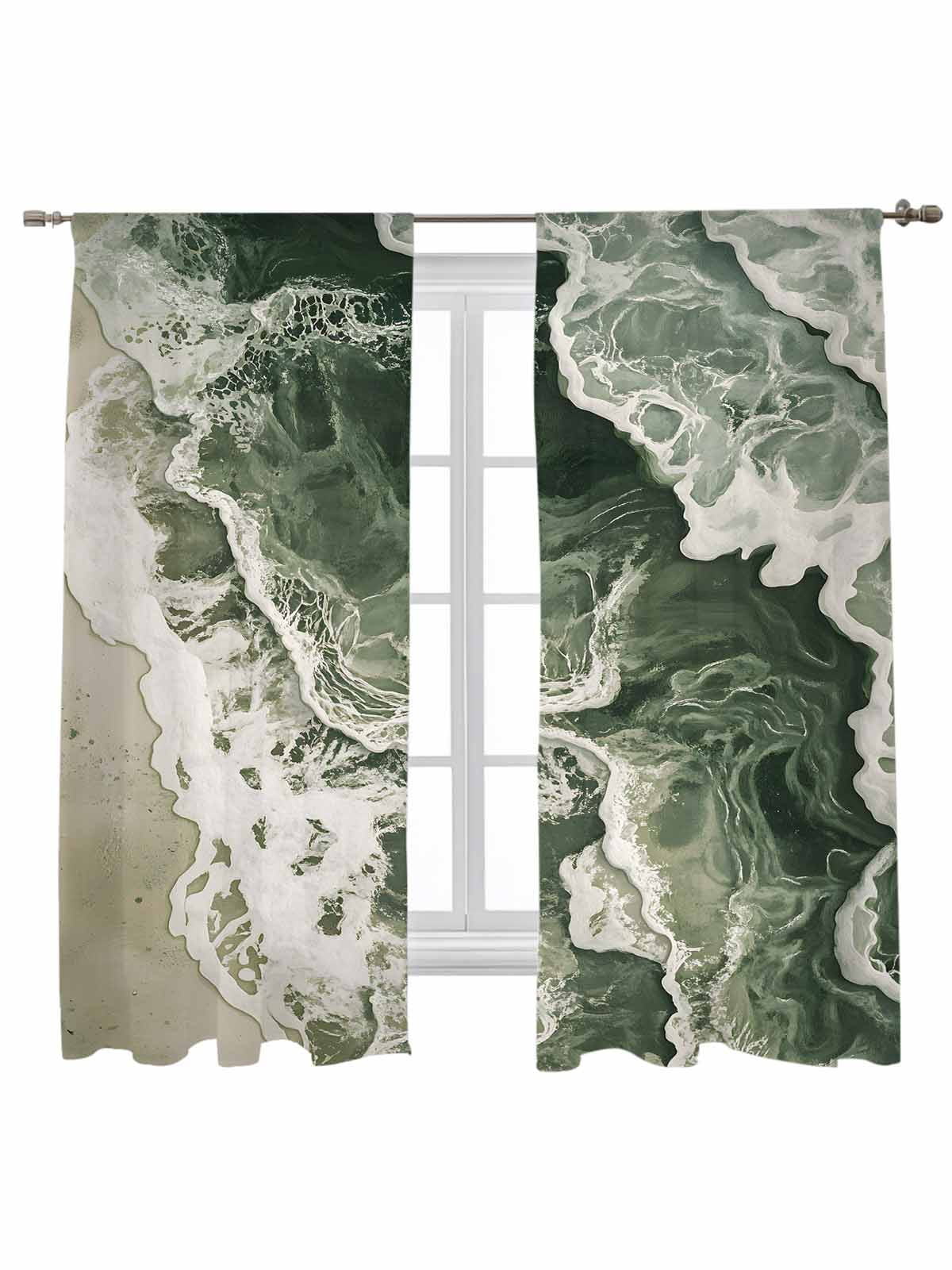 Beach Wave Sheer Curtains 72 inches Long 2 Panels Set Watercolor Green ...