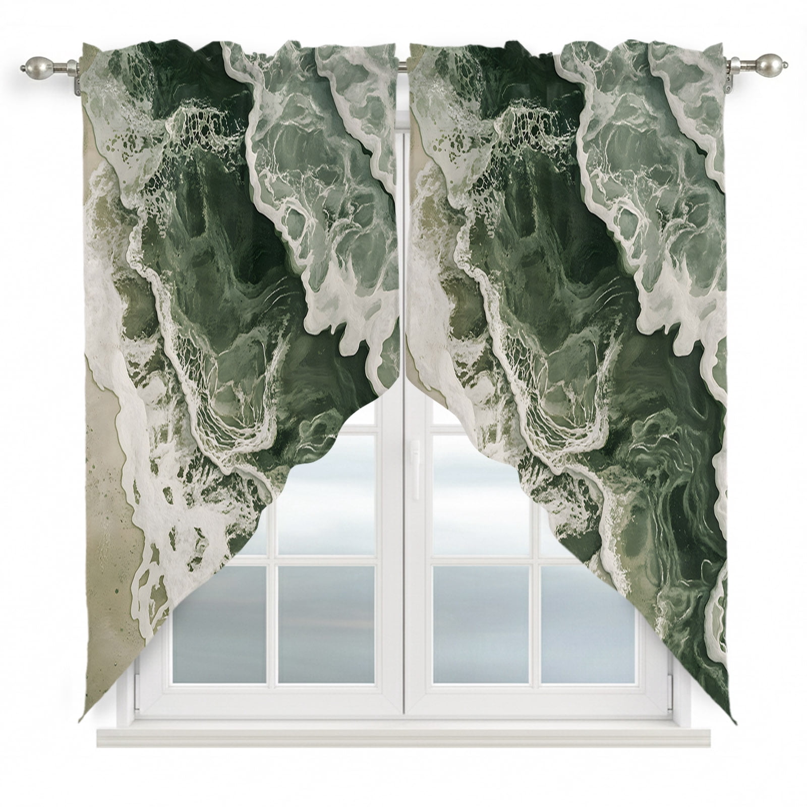 Beach Wave Swag Curtain Valance for Window 2 Panels Watercolor Green ...