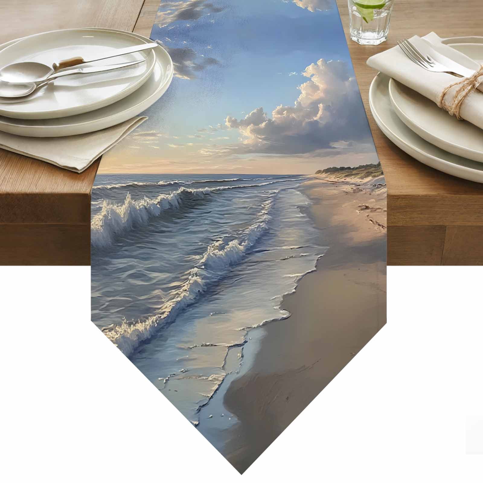 Beach Wave Table Runner 70 Inches Long Watercolor Blue Sky Ocean Modern ...