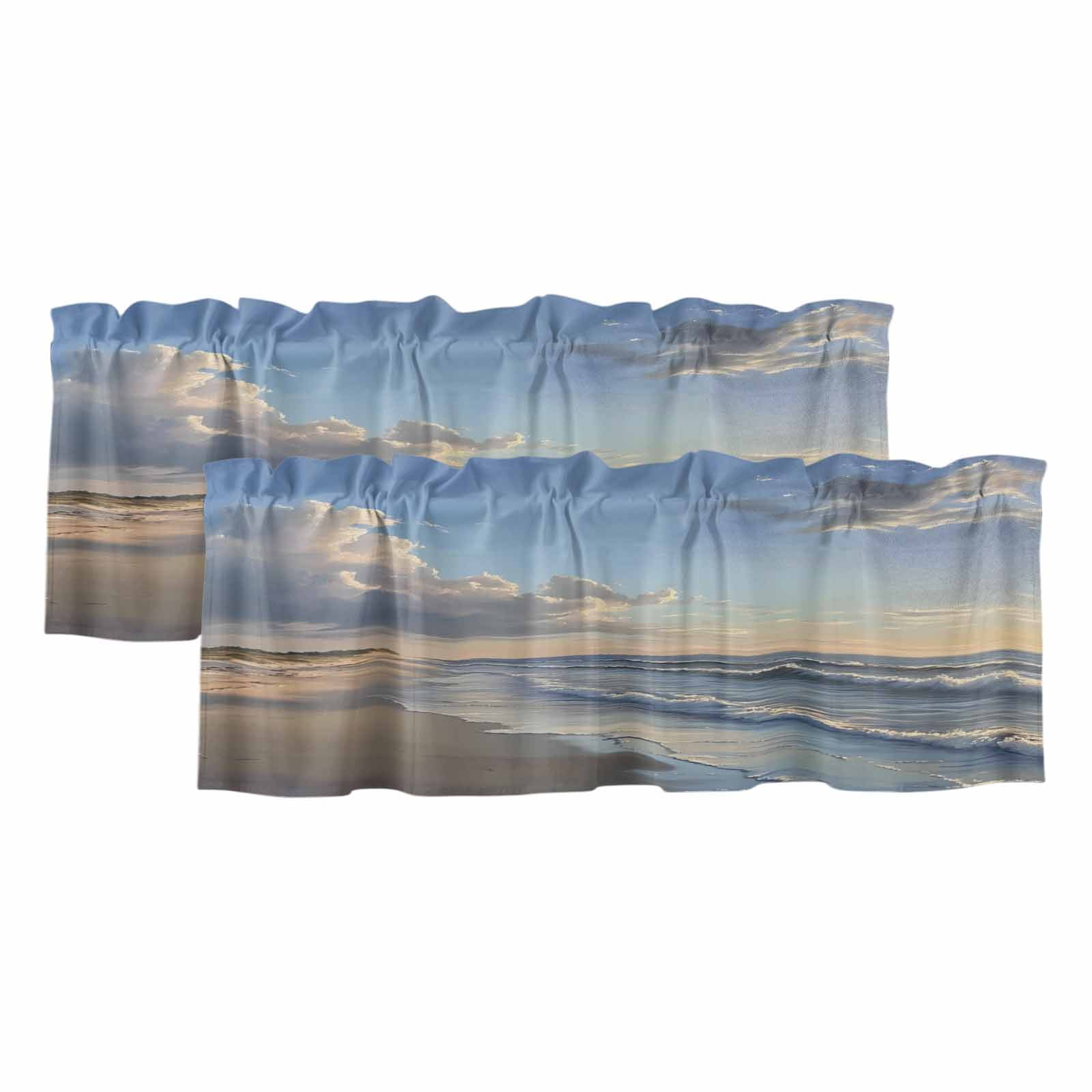 Beach Wave Valances for Windows 2 Panels Watercolor Blue Sky Ocean ...