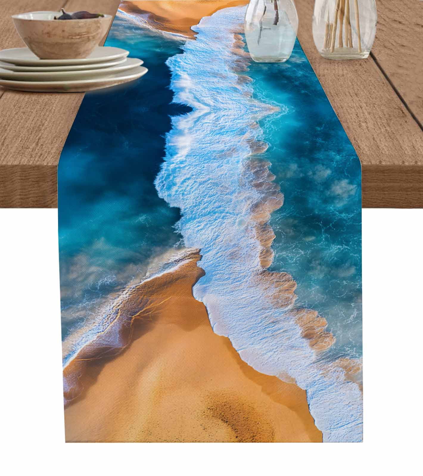 Beach Waves Burlap Cotton Table Runner 13x36 Inches Short, Ocean ...