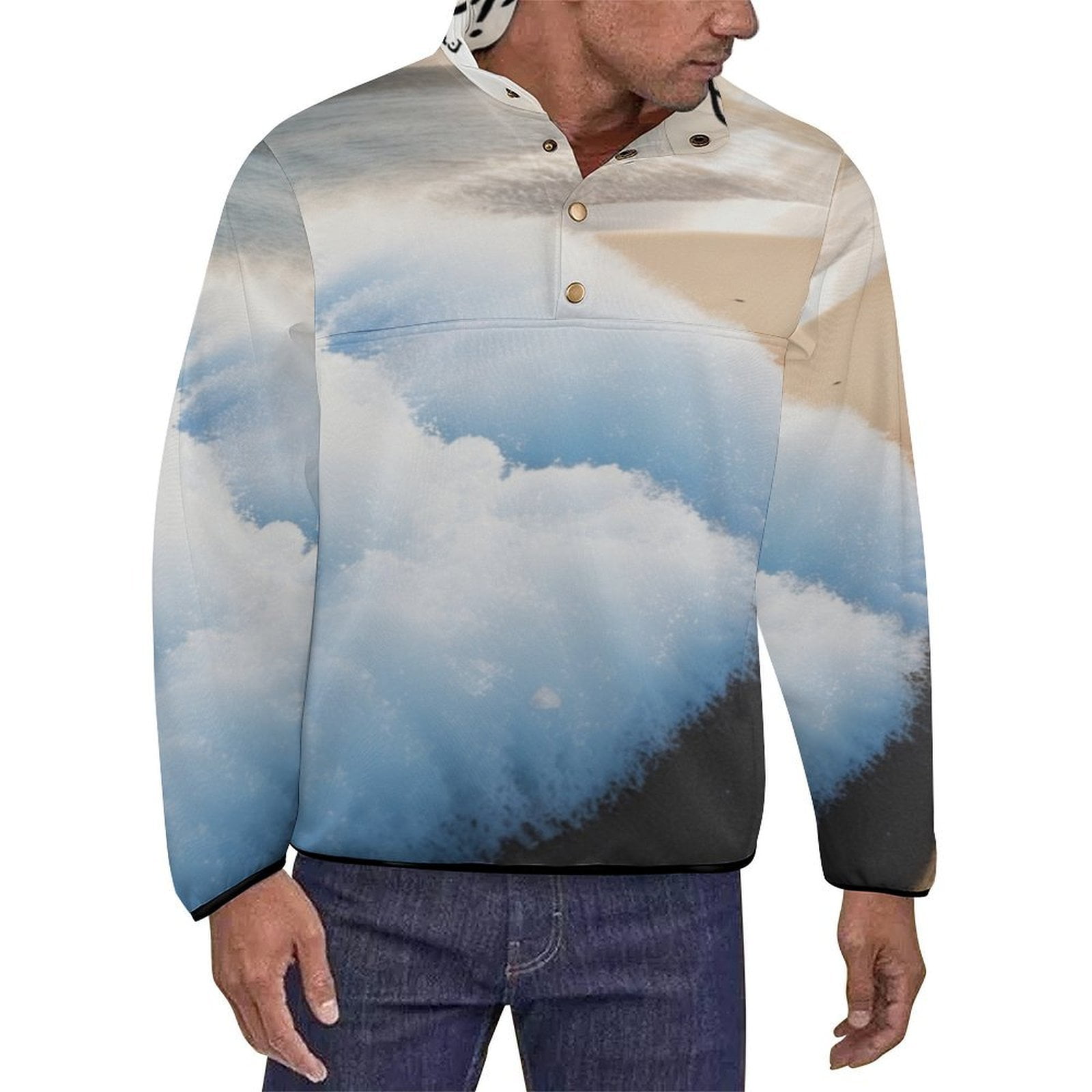 Beach Waves Froth Men's Stand Collar Sweater Long Sleeve Clothing Loose ...