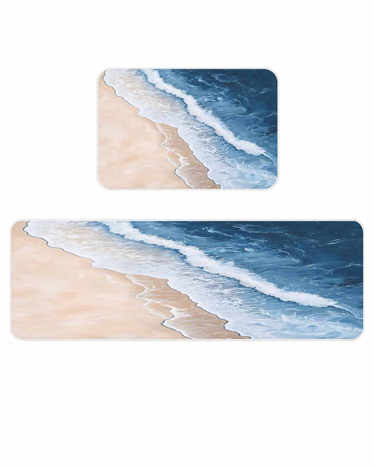 Beach Waves Modern Art Kitchen Mats for Floor 2 Piece, Watercolor Blue ...
