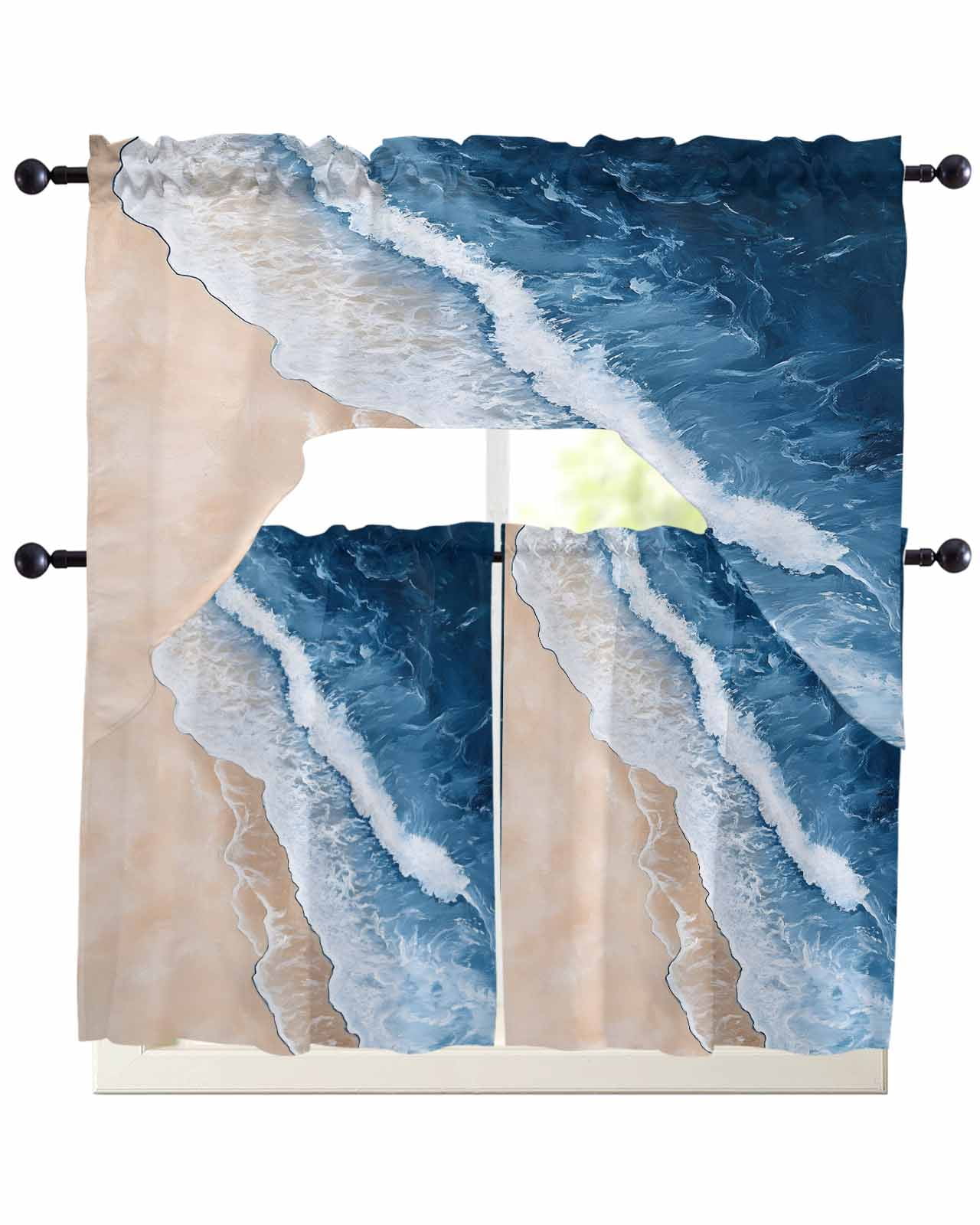 Beach Waves Modern Art Swag Valance and Tier Curtains Set Watercolor ...