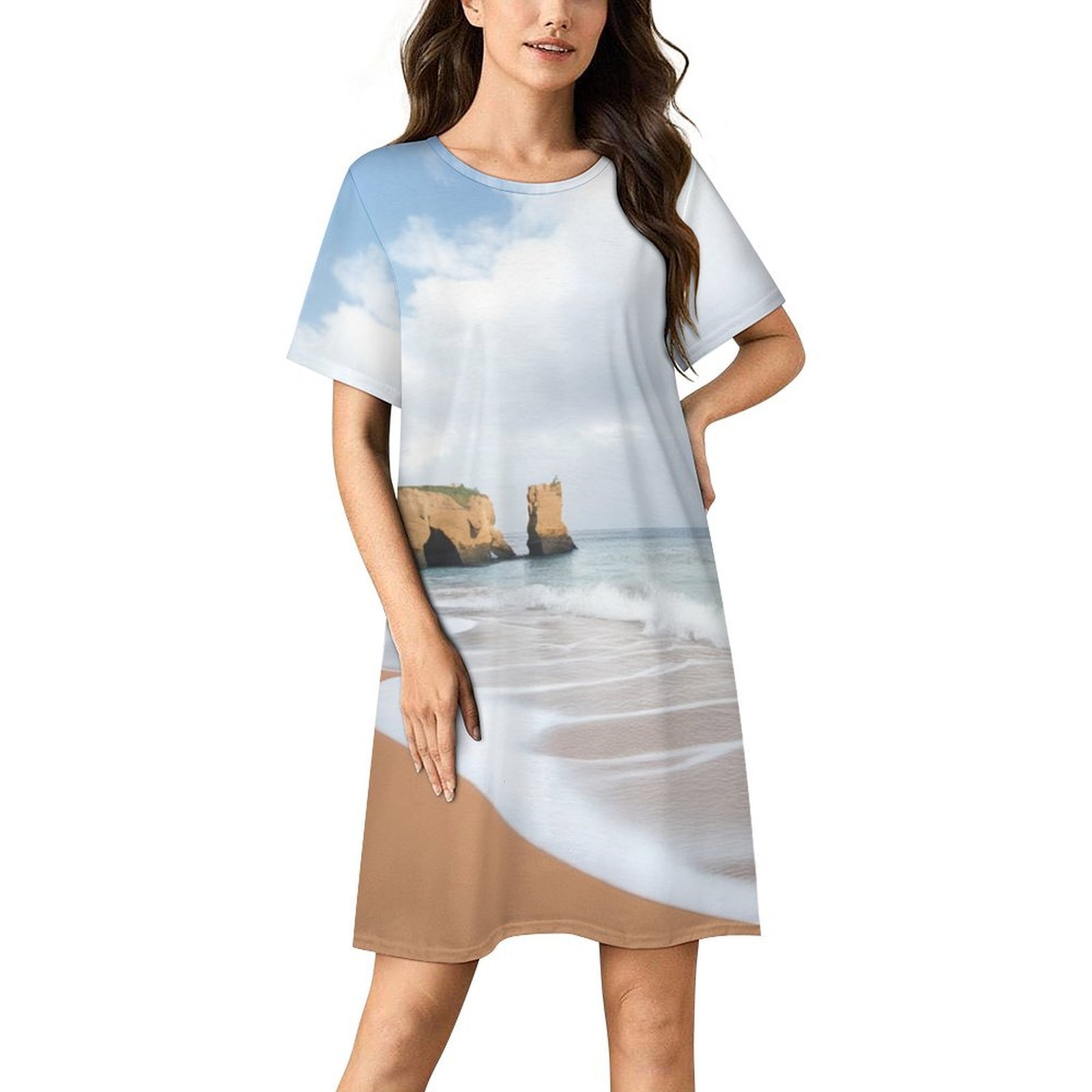 Beach Waves Sand Rocks Women Nightgown Sleepwear Short Sleeves For ...
