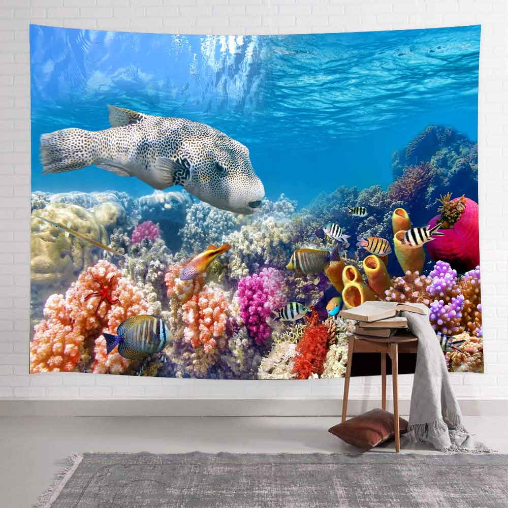 Beach Waves Tapestry Tropical Fish Jelly Coral Marine Life Art Wall ...