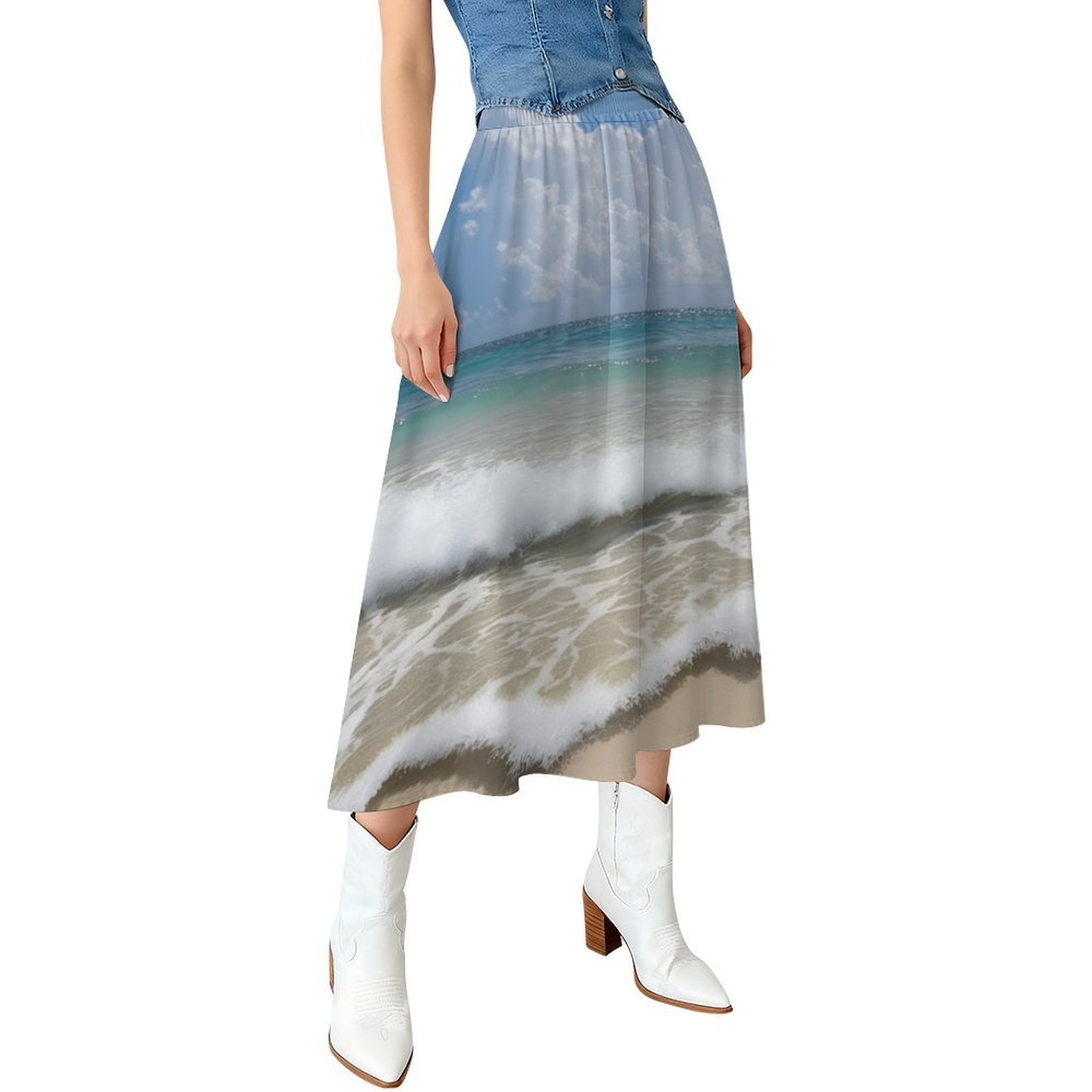 Beach Waves Tranquility Women High Waist Midi Skirt Elegant Midi Skirt ...