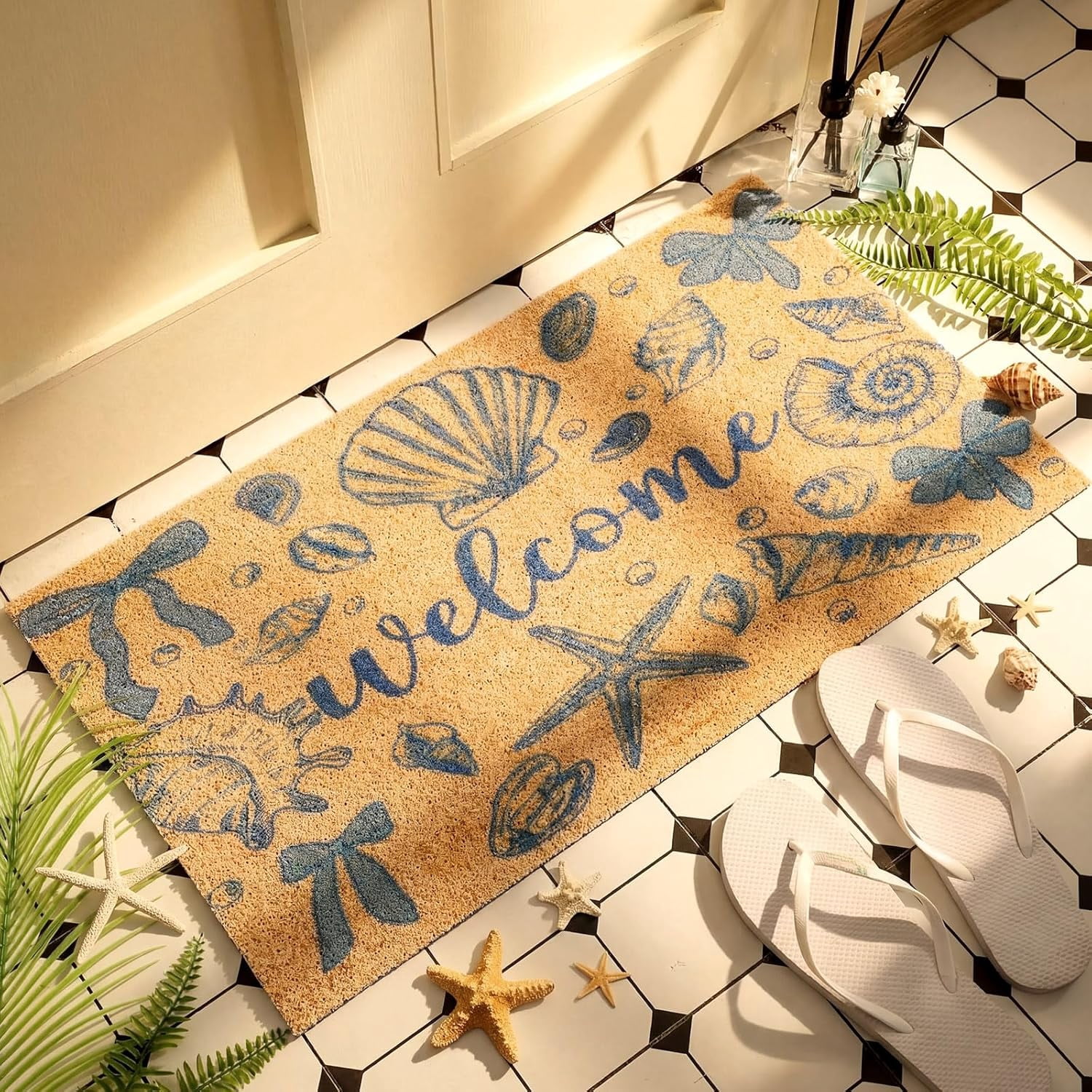 Beach Welcome Mat for Front Door Outdoor Seashell Starfish Blue Bow ...
