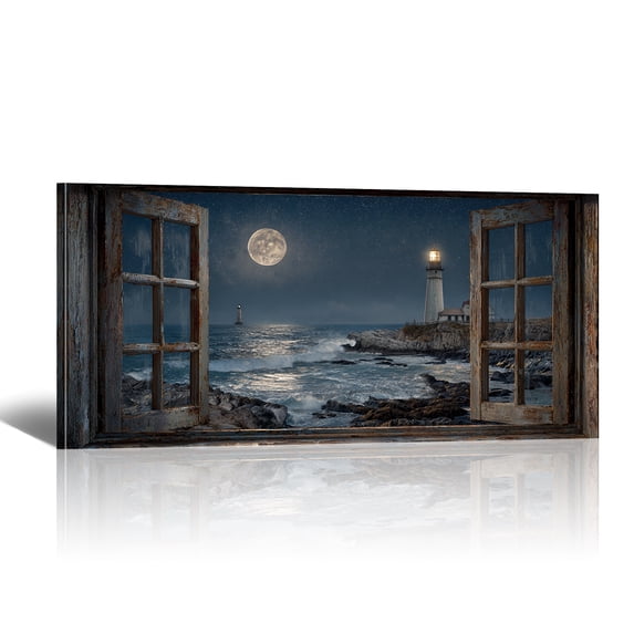 Beach Window Canvas Wall Art - Large Nautical Lighthouse Moon Canvas ...