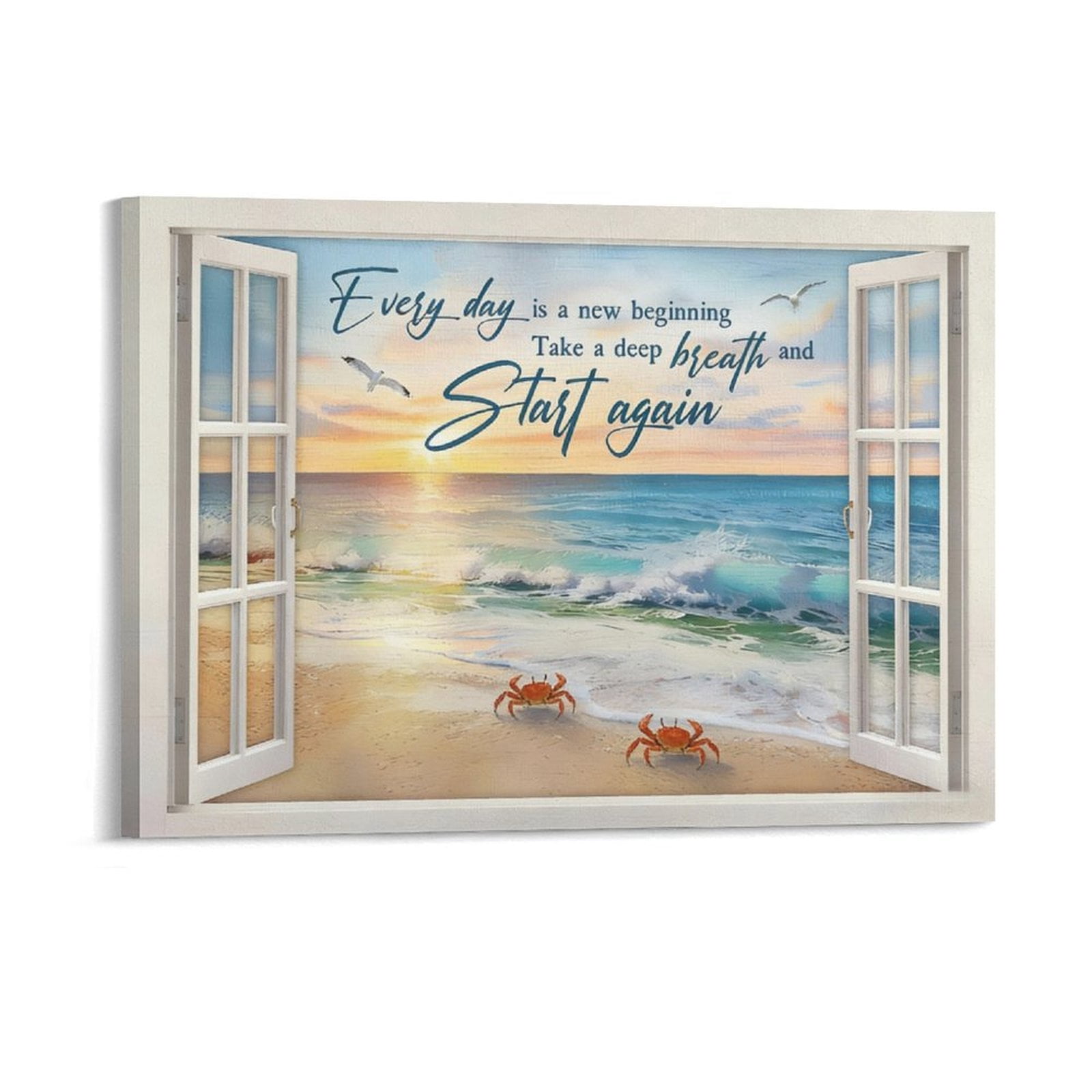 Beach Window Canvas Wall Art, Ocean Sunrise Scene with Inspirational ...