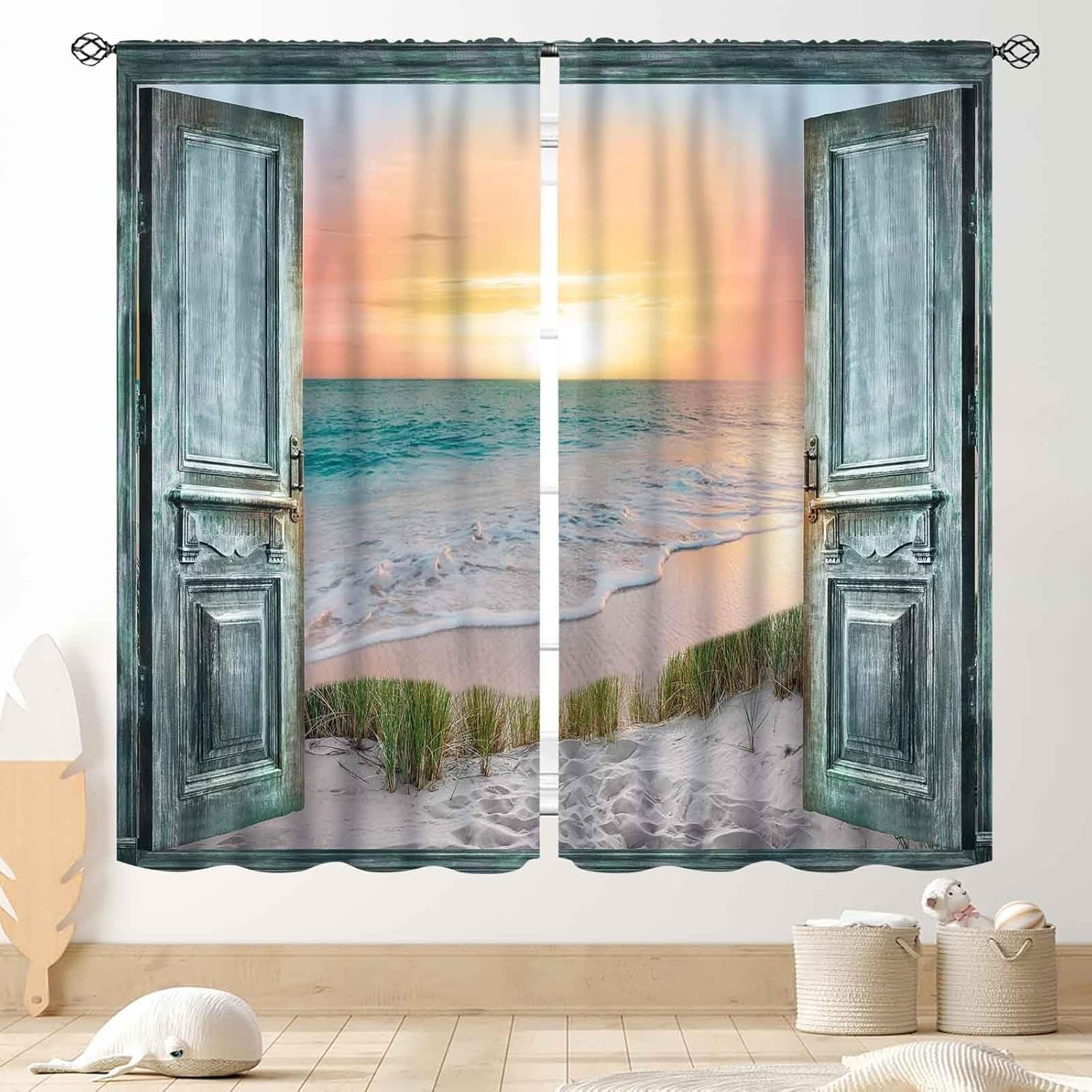 Beach Window Curtains, Summer Coastal Tropical Seaside Sunset Nautical ...