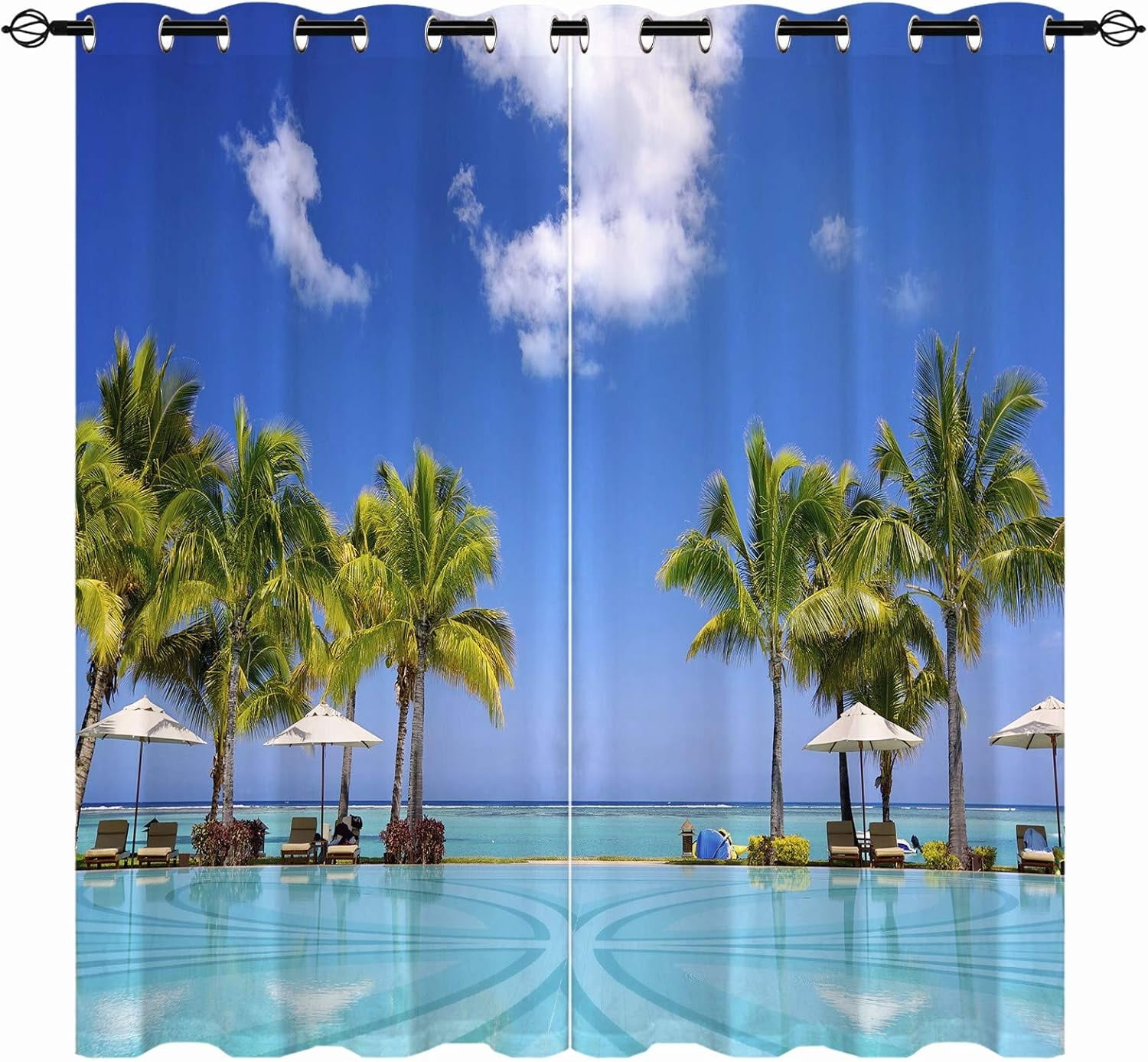 Beach Window Curtains, Tropical Coastal Hawaiian Palm Trees Ocean ...